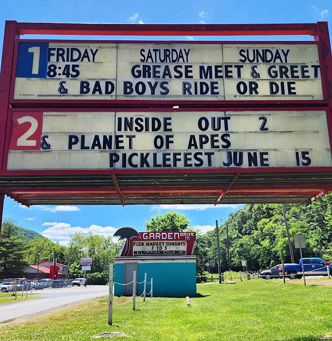 The marquee tells stories in just a few words, each title a promise of adventure without leaving your car seat.