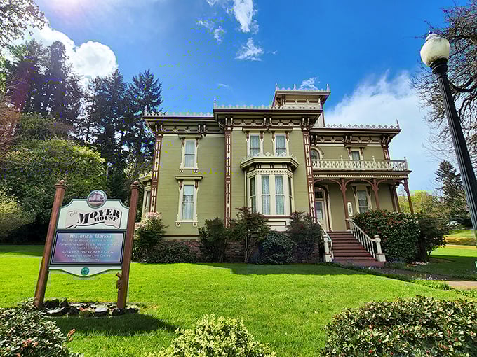 The stately Moyer House stands as Brownsville's grand dame, her mint-green Victorian elegance inviting curious history buffs inside.