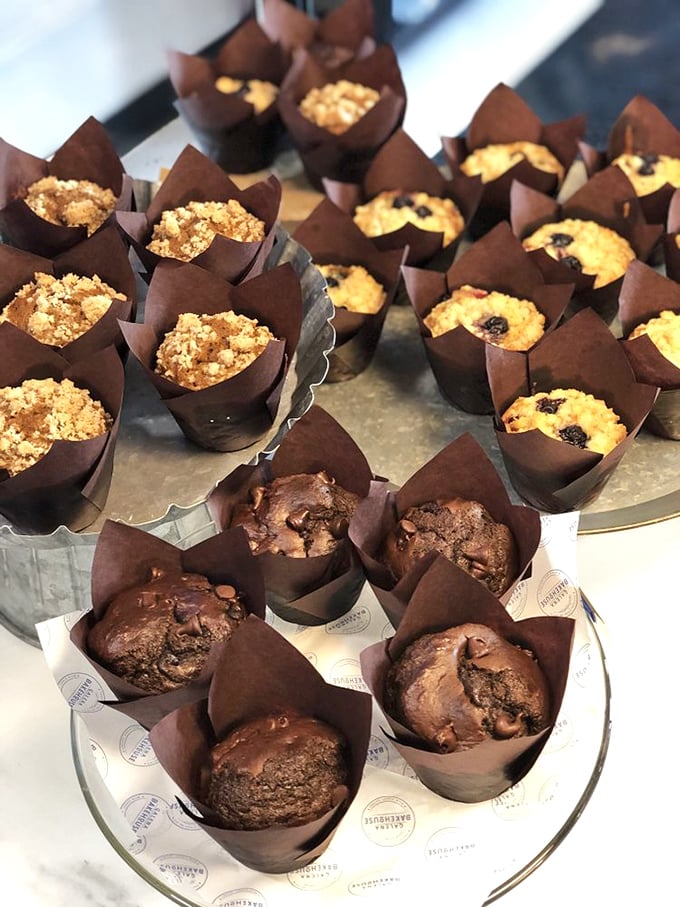 Chocolate and streusel-topped muffins nestled in their paper crowns—morning royalty waiting to hold court at your breakfast table.