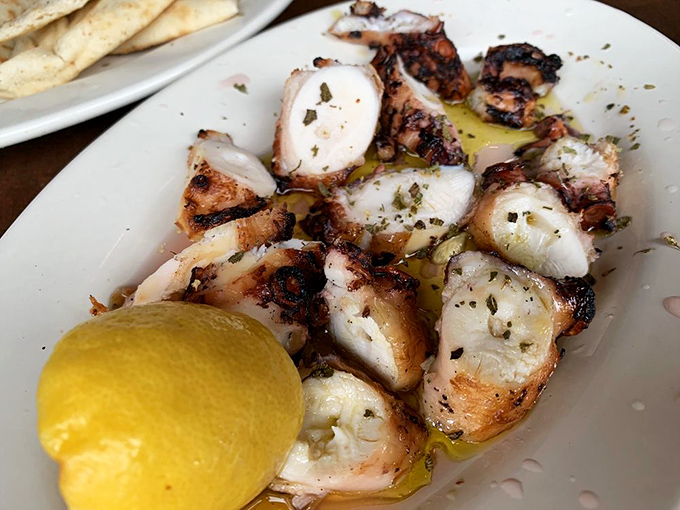 Octopus that defies the rubbery reputation of its kind. Charred to perfection, kissed with lemon and herbs&mdash;this is how the Mediterranean does seafood.
