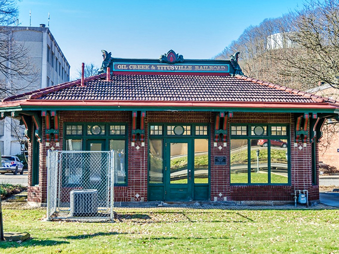 The charming Oil Creek & Titusville Railroad station looks like it's waiting for a time-traveling passenger. Norman Rockwell couldn't have painted a more quintessential small-town scene.
