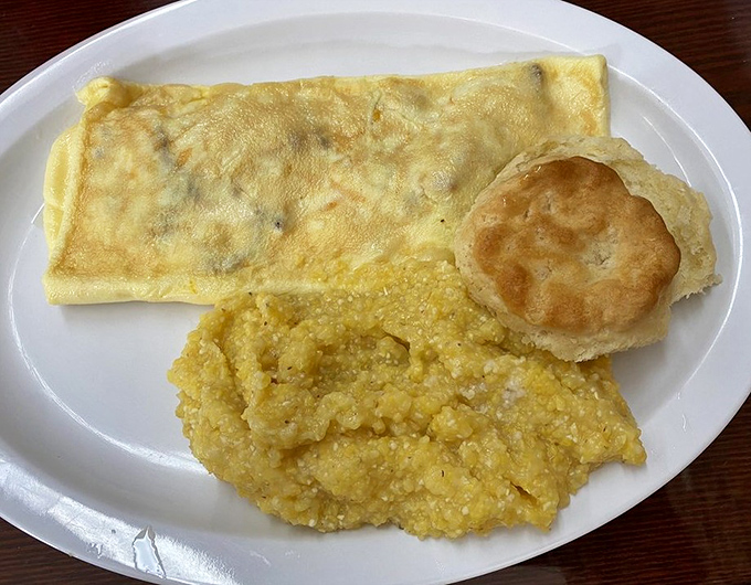 A proper omelet and grits plate that would make your grandmother nod in approval. Simple perfection doesn't need reinvention.