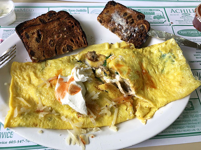 An omelet that's seen things – stuffed with fillings and paired with toast that's achieved that perfect "character-building" level of toastiness.