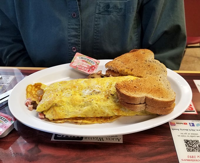 An omelet that would make any breakfast enthusiast weak at the knees, paired with toast that's achieved that perfect golden-brown sweet spot.