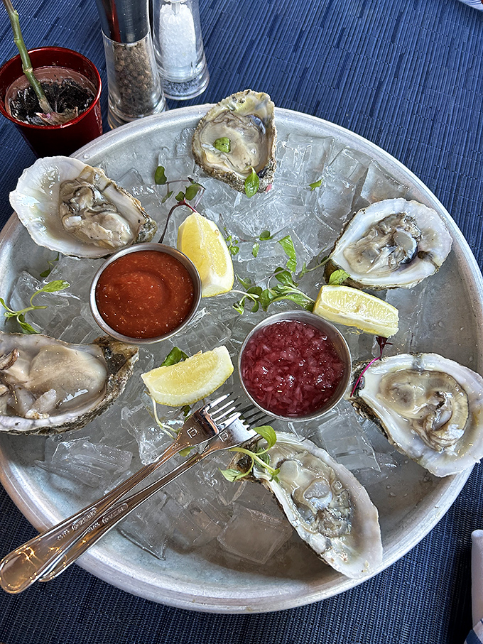 These oysters aren't just served&mdash;they're presented on a throne of ice with colorful accompaniments standing by like loyal courtiers awaiting your pleasure.