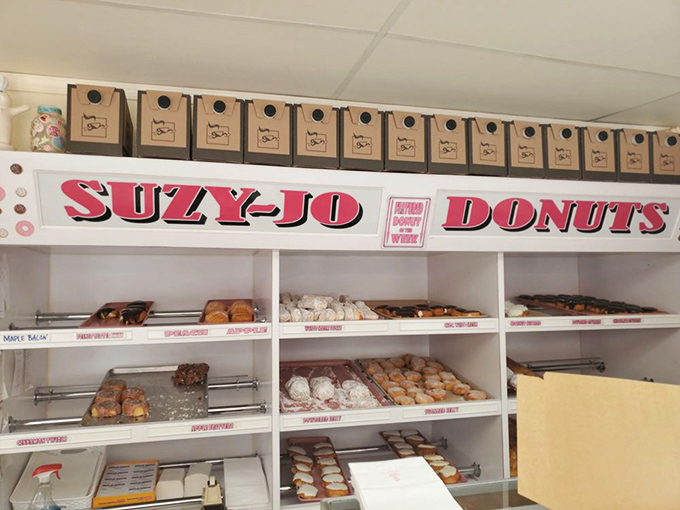 The display shelves at Suzy-Jo's &ndash; where willpower goes to die and breakfast dreams come true in organized, labeled rows.