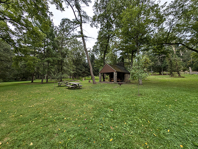 The stone picnic shelter stands ready for your PB&J masterpiece. Somehow, sandwiches taste 37% better when eaten here.