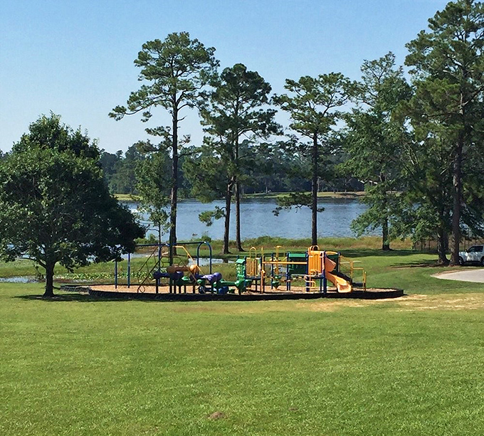 Childhood memories in the making. This lakeside playground proves that even in our digital age, slides and swings with a water view still win.