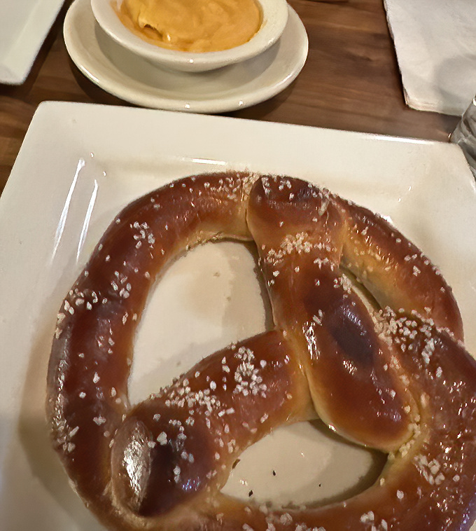 The Bavarian pretzel arrives like an edible work of art&mdash;golden, glistening with salt crystals, and ready for its supporting actor: house-made beer cheese.
