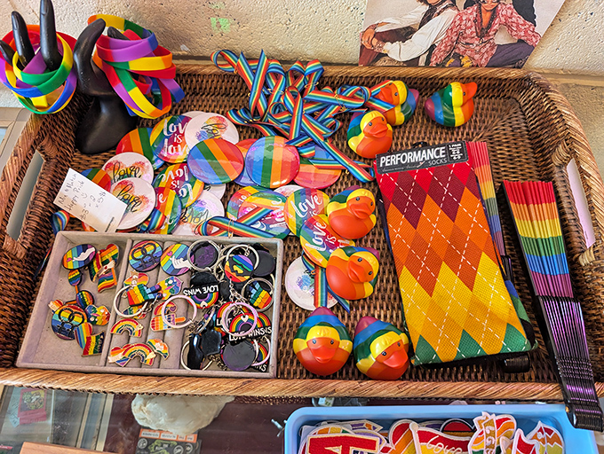 A rainbow explosion of Pride merchandise that proves vintage shops aren't just about nostalgia&mdash;they're about celebrating identity across generations.