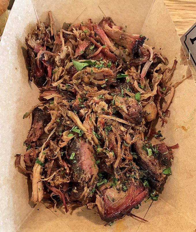 Pulled pork that looks like it's been teased apart by angels, with those magical crispy bits that barbecue aficionados fight over.