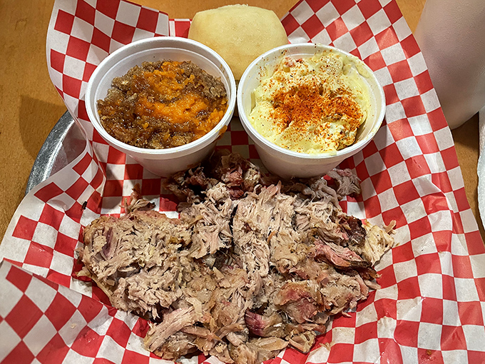 Pulled pork lounging next to sides like it owns the place &ndash; which, honestly, it does.