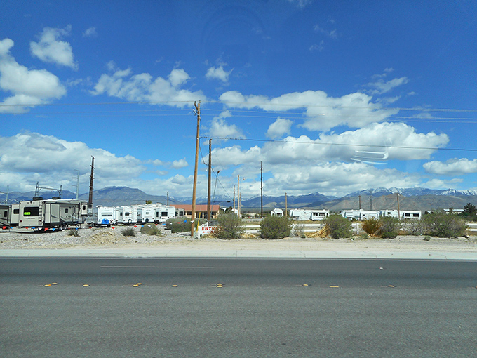Desert nomads find their temporary home in this RV park. Mountains provide the backdrop for modern-day wagon circles under impossibly blue skies.