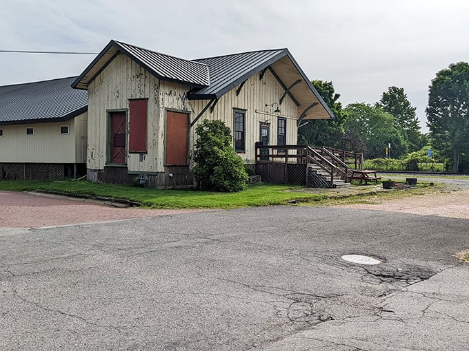 This weathered railroad depot whispers stories of Meadville's past. History preserved in weathered wood and rusty hinges.