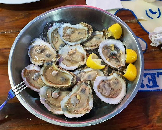 These oysters aren't just served; they're presented like oceanic jewels, glistening with possibility and begging for just a squeeze of that lemon.