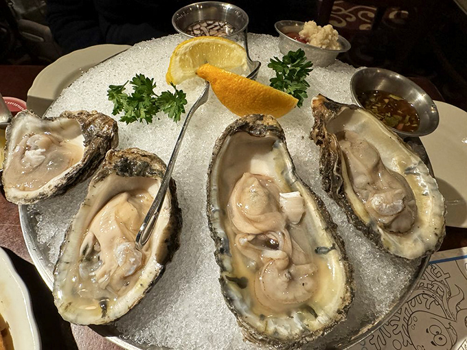 These oysters arrive like jewels on ice, ready to deliver that perfect briny kiss of the sea with each slurp.
