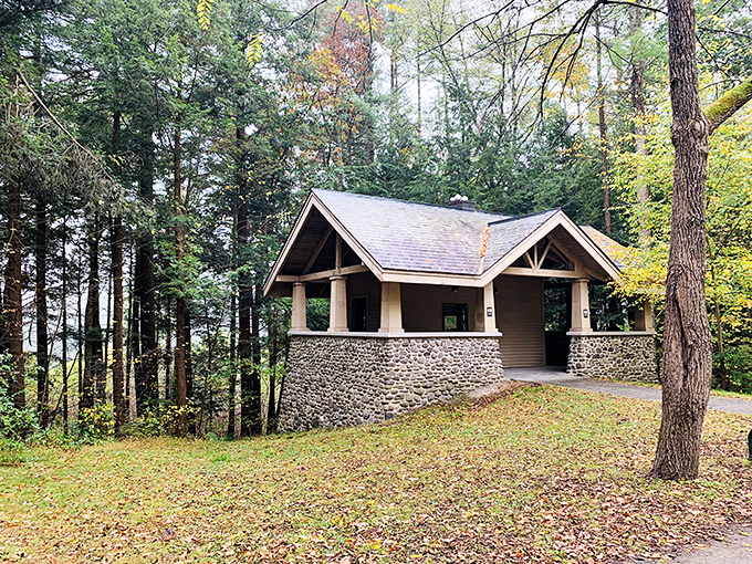 This charming woodland pavilion offers a civilized pause in your wilderness adventure. Rustic architecture that knows exactly where it belongs.