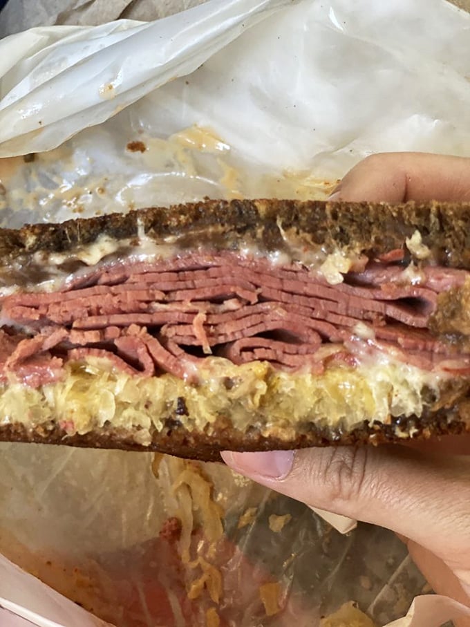 A proper Reuben should require both hands and several napkins. This beauty, with its perfect meat-to-sauerkraut ratio, delivers on that promise.