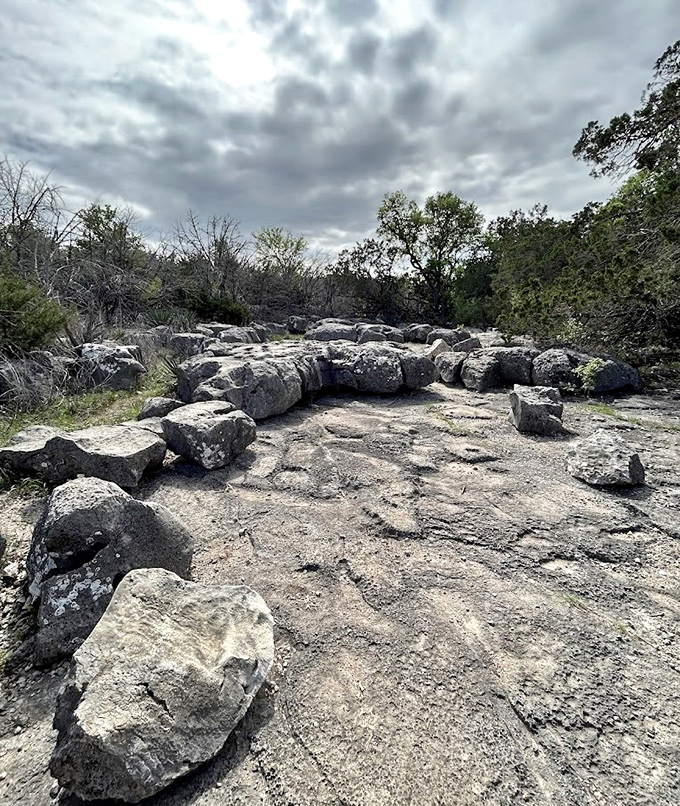 Ancient limestone tells Earth's story in rocky chapters. This surface formation hints at the geological processes that created the caverns below.