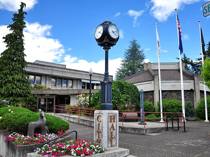 Roseburg's City Hall clock stands sentinel over manicured grounds, marking time at a pace that reminds you to slow down.