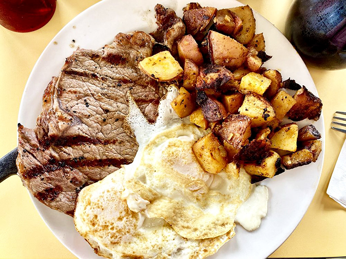Steak and eggs: the breakfast of champions who plan to skip lunch. That perfectly cooked ribeye alongside sunny eggs is Rhode Island's version of fuel.