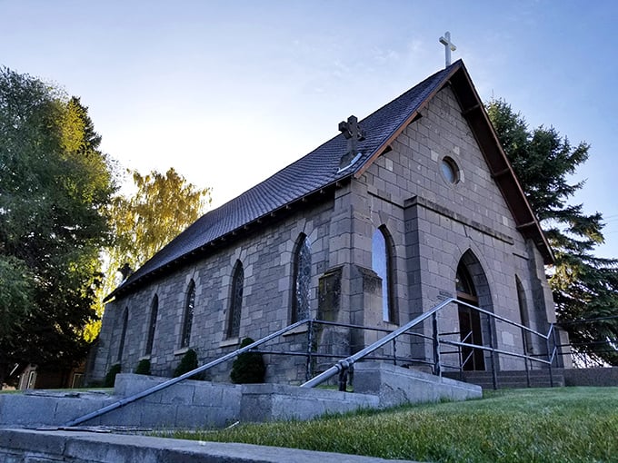 Sacred Heart Catholic Church's stone facade has weathered decades of prayers, celebrations, and that particularly brutal northeastern California winter of '52.