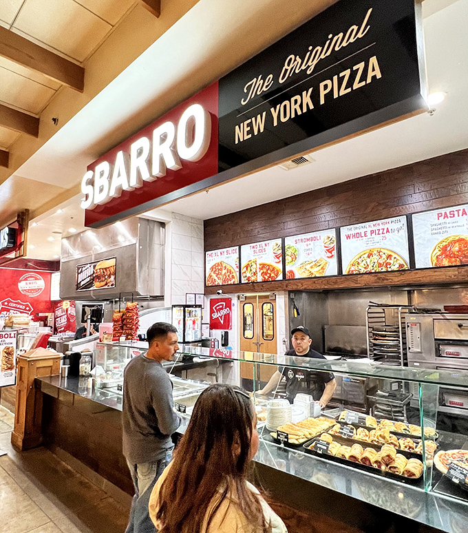 Sbarro brings a slice of New York to California's shopping paradise. Nothing fuels a second round of bargain hunting like carbs and cheese.