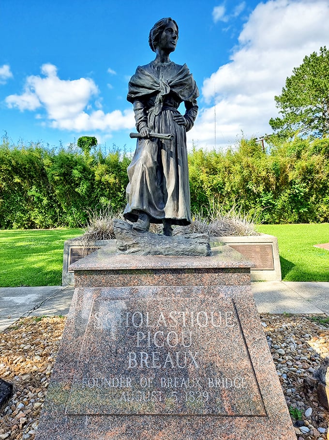 Scholastique Picou Breaux stands watch over the town she helped establish, a reminder that strong women built Louisiana.