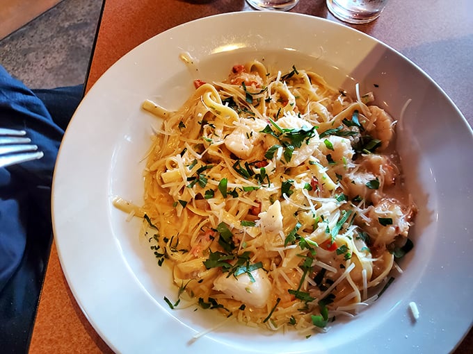 Pasta that makes you forget you're in Alaska, not Italy. Those tender seafood morsels are having the time of their lives in that creamy sauce.