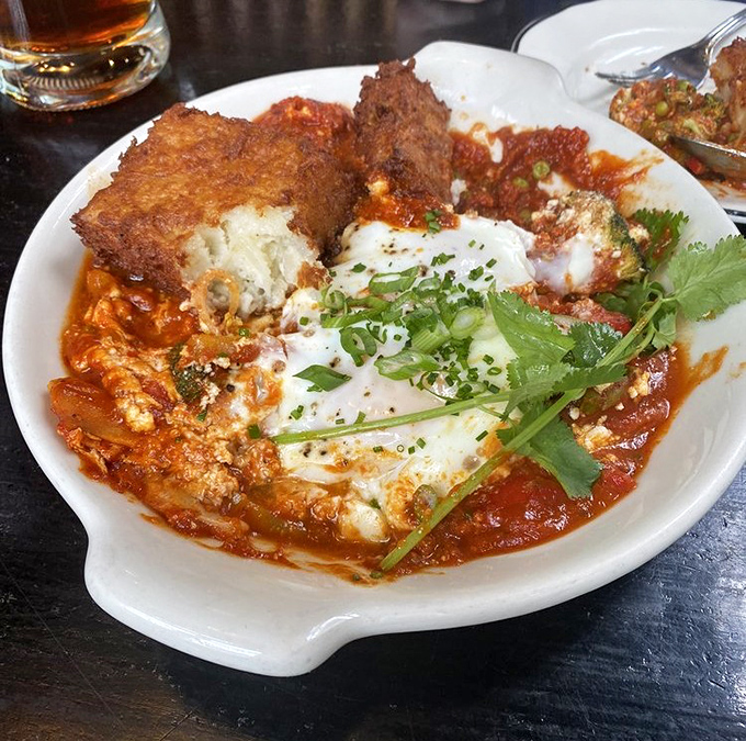 This shakshuka is what breakfast dreams are made of&mdash;eggs poached in spicy tomato sauce with crusty bread perfect for sopping up every last bit.