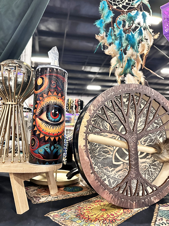 Mystical meets practical in this eclectic display. That eye-catching tumbler looks like it could either hold your morning coffee or summon ancient spirits.