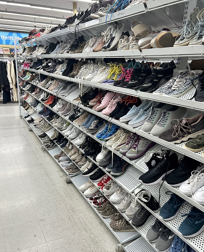 Rows of shoes in every style and size demonstrate that someone else's impulse buy can become your practical steal.