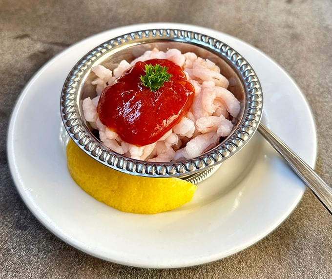 Not your average shrimp cocktail&mdash;this dainty silver dish elevates the classic appetizer to an art form worthy of its Victorian surroundings.