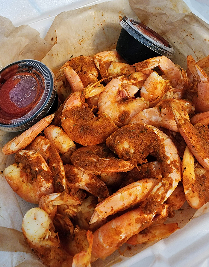 Perfectly seasoned shrimp swimming in spices, ready to transport your taste buds straight to the Mid-Atlantic coastline without leaving Pennsylvania.