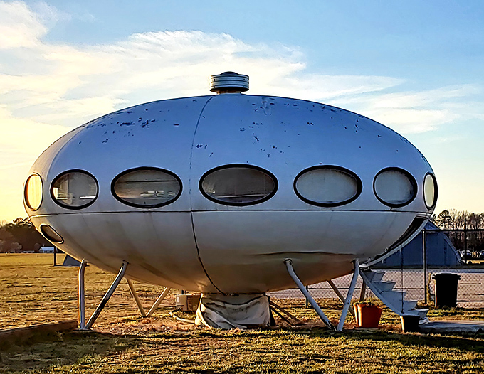 Golden hour transforms the Futuro into a gleaming beacon of mid-century optimism. Even E.T. would phone home about this find.