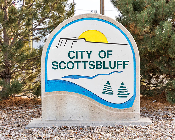 The city's welcome sign captures Scottsbluff's essence: big sky, rolling bluffs, and a community nestled between natural wonders.
