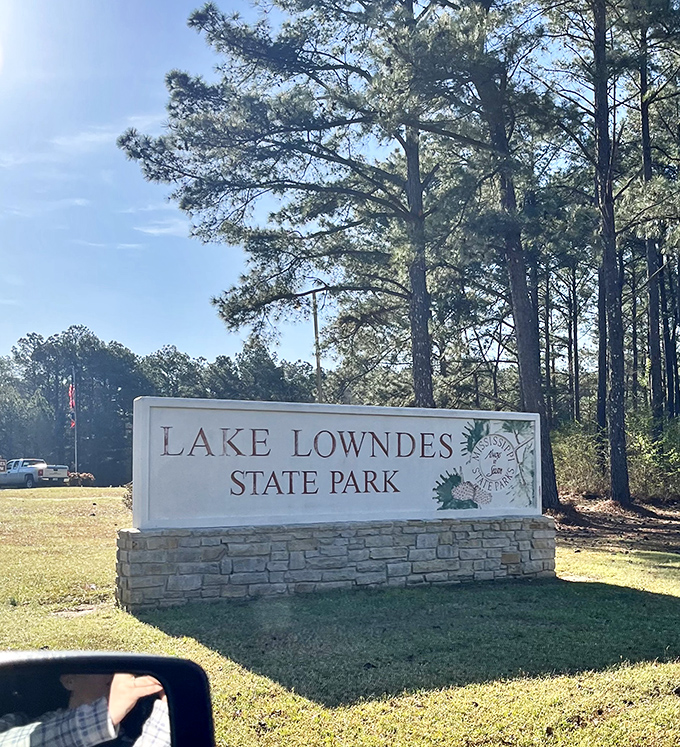 The entrance sign promises adventure while towering pines whisper, "You've made the right decision to visit."