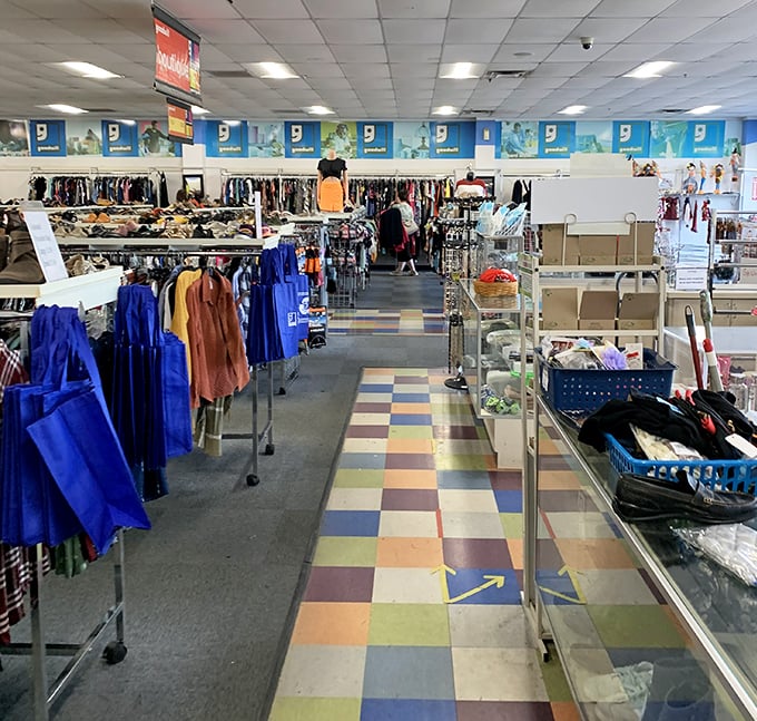 Wide aisles and clear signage make treasure hunting a pleasure rather than a chore. The blue department markers serve as retail constellations.