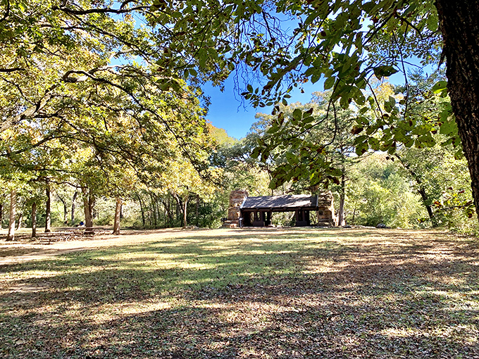 CCC-built structures nestle among autumn trees, a perfect marriage of human craftsmanship and nature's seasonal wardrobe change.