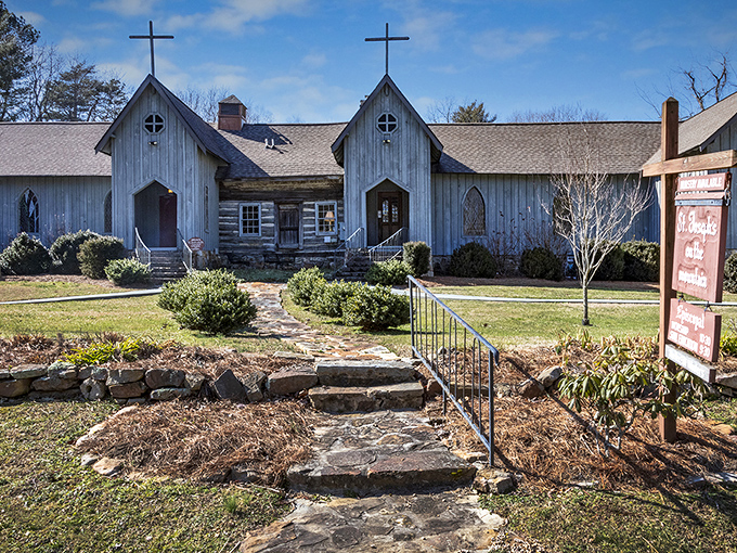 St. Joseph's on the Mountain Church combines rustic log cabin aesthetics with twin steeples&mdash;spiritual comfort wrapped in Appalachian architecture.