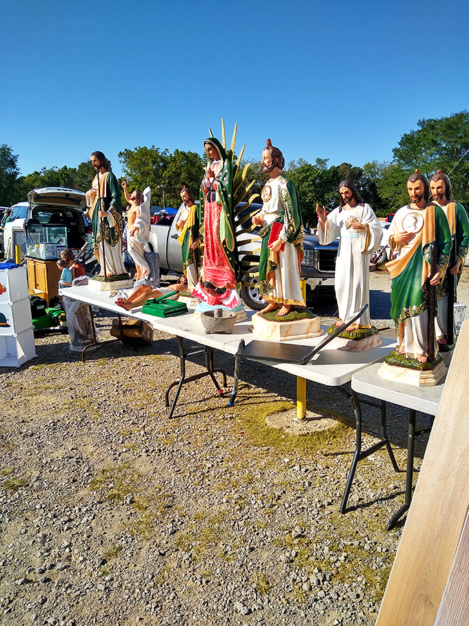 Religious statues bring a touch of the divine to this earthly marketplace of bargains and blessings.