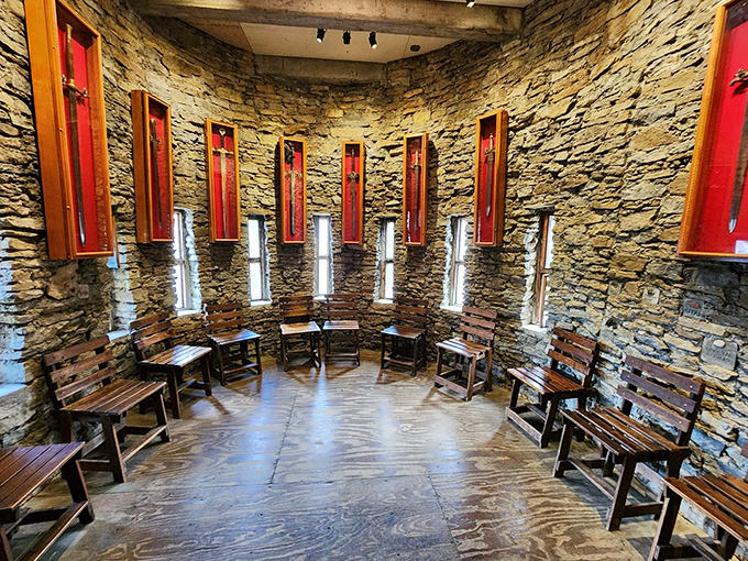 The castle's armory room features wooden benches and display cases that would make any Renaissance Faire enthusiast weak in the knees.
