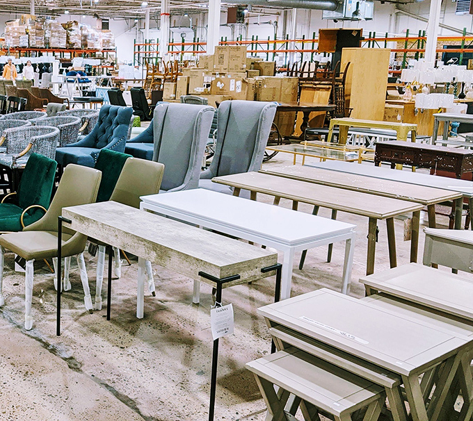 Modern meets vintage in the furniture section, where dining and coffee tables stand ready for their next family gathering.
