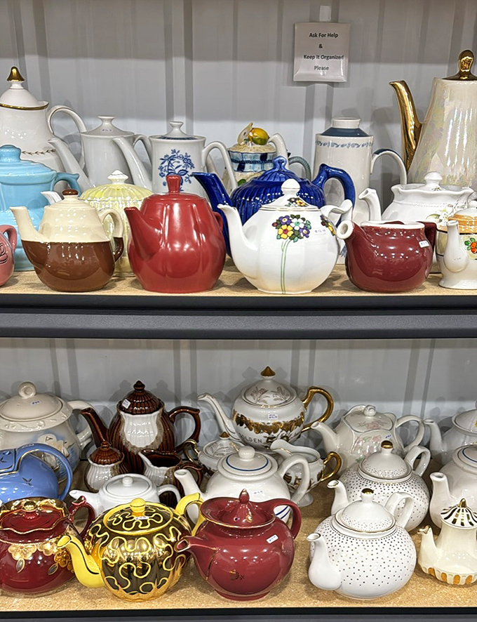 Tea time is all the time with this colorful armada of pots. Spot the one your grandmother had!