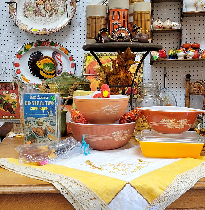 Pyrex bowls in harvest colors that grandma would recognize instantly. These aren't just dishes; they're vessels of childhood memories and holiday traditions.