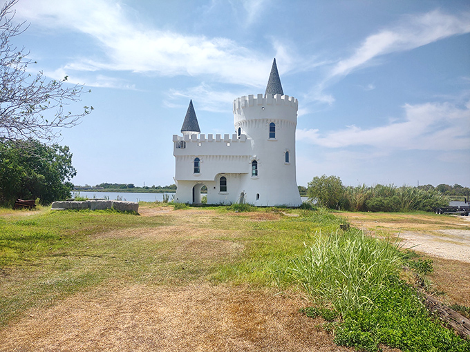 A wider view reveals the castle's perfect positioning between land and water, like a miniature guardian of the Irish Bayou realm.
