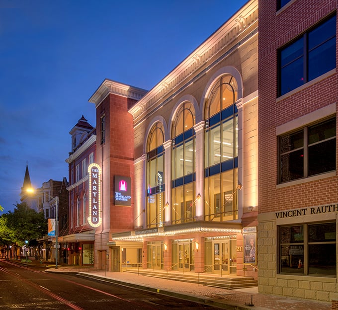 The Maryland Theatre's elegant façade lights up downtown evenings, bringing Broadway-caliber entertainment without Manhattan-sized ticket prices.