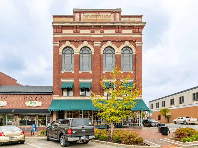 The Oddfellows Building anchors the square with dignified brick architecture, proving that "odd" in this case means exceptionally well-preserved.