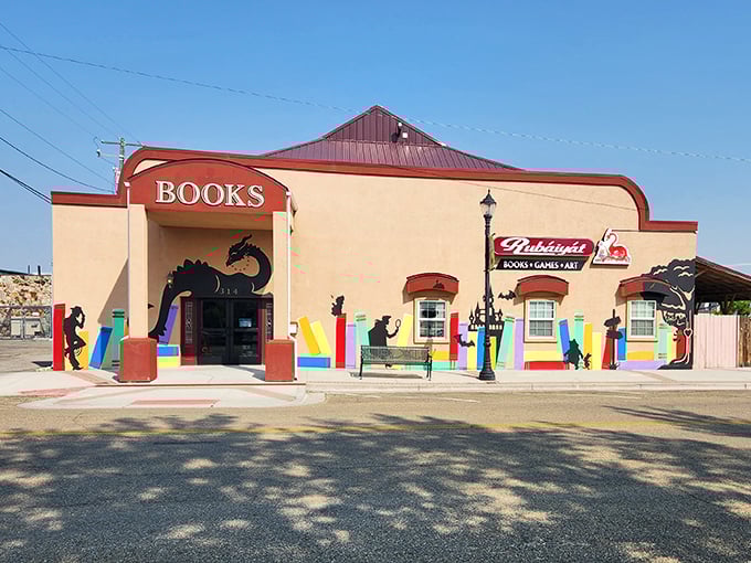 The Rubaiyat's colorful fa&ccedil;ade and whimsical book-themed artwork invite bibliophiles to discover literary treasures in downtown Caldwell.
