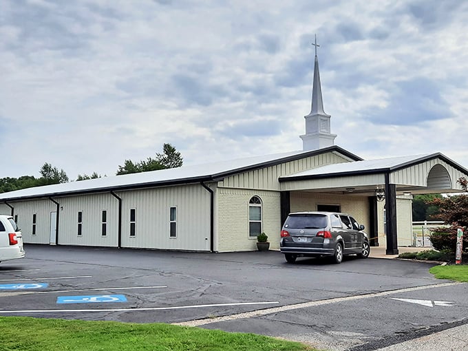The steeple reaches skyward as if to remind visitors that in Mountain Home, community connections run as deep as faith.